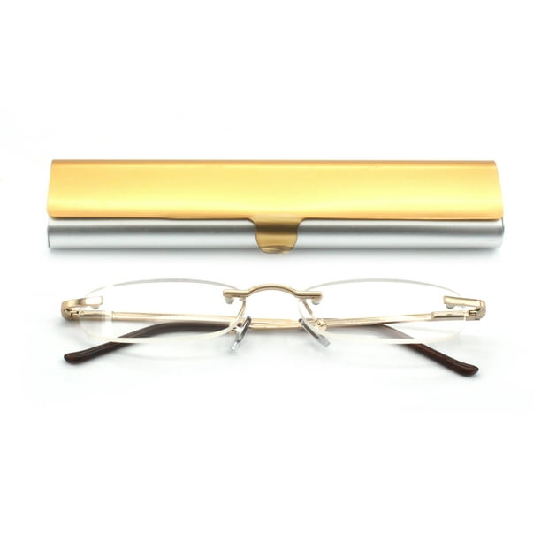 EYE ZOOM Compact Rimless Reading Glasses with Slim Gold and Silver Case ...