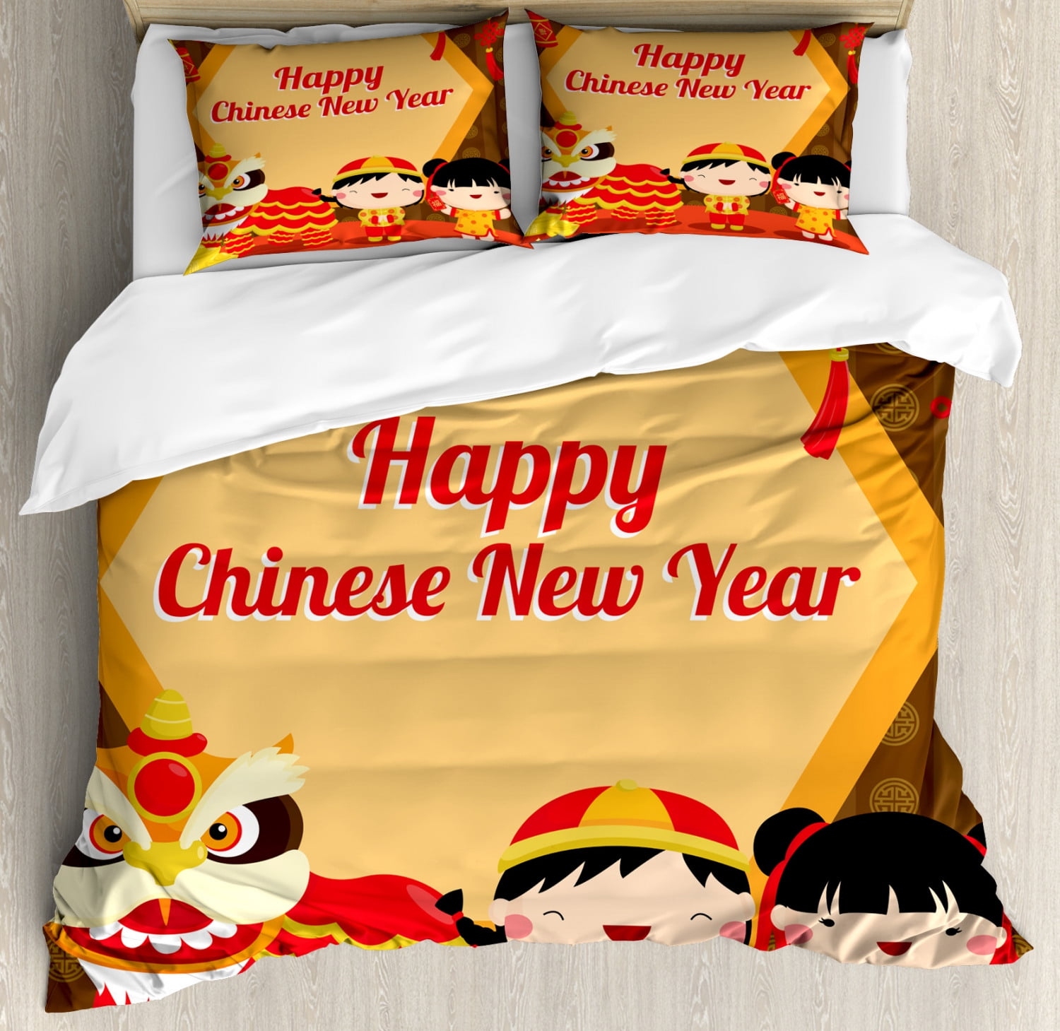 Chinese New Year Queen Size Duvet Cover Set, Text of Celebration in a ...