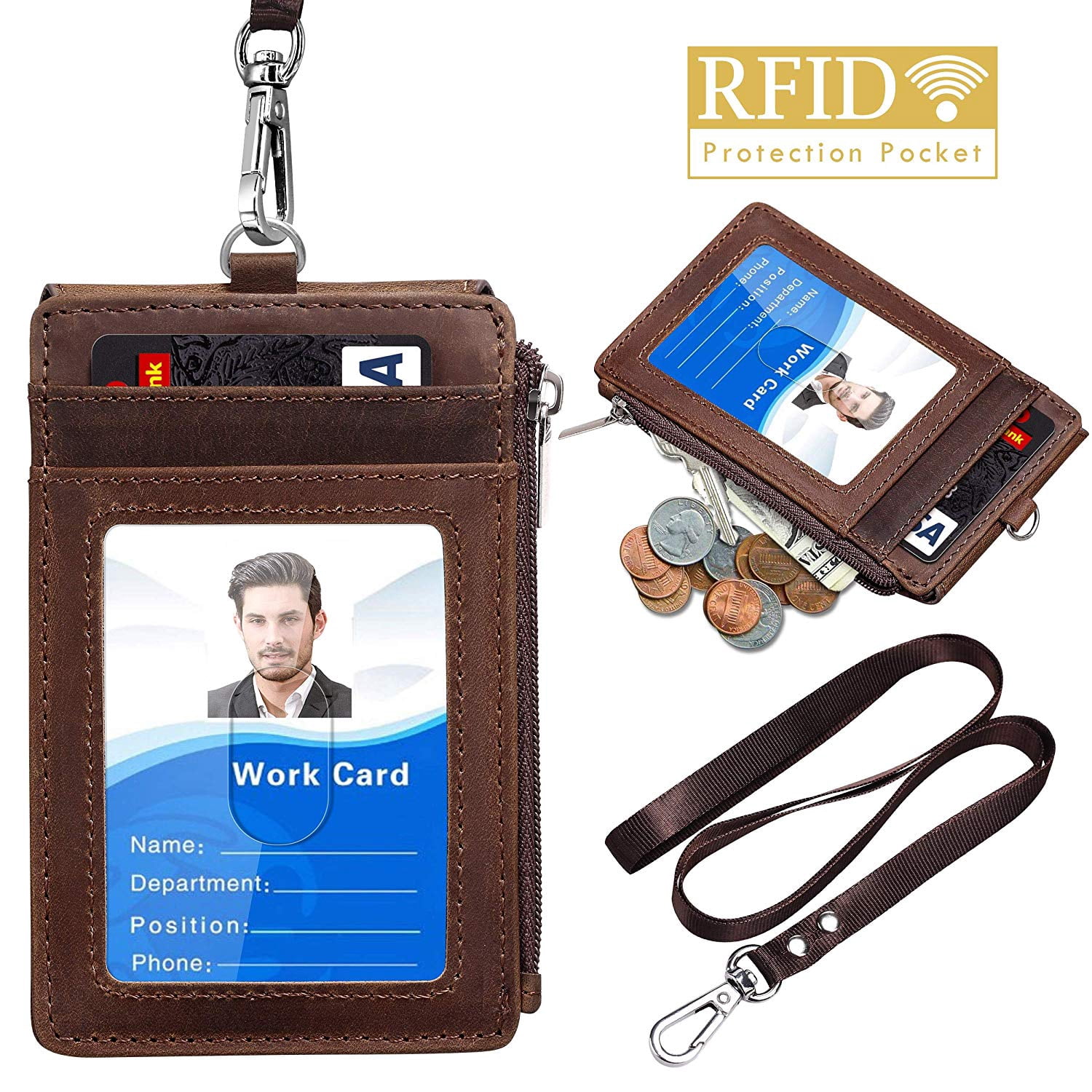 Badge Holder with Zipper, ELV PU Leather ID Badge Card Holder Wallet ...