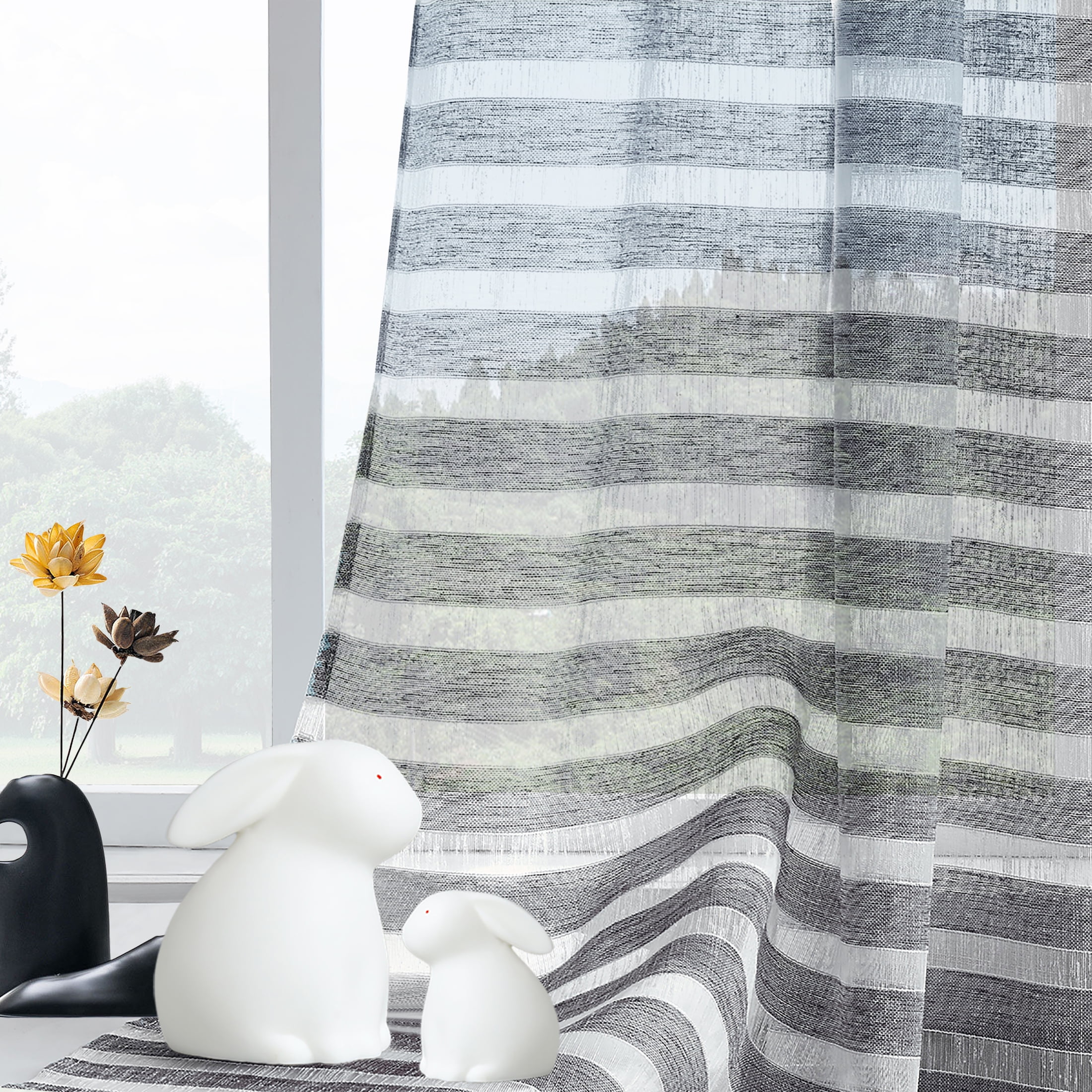 Fragrantex White and Grey Sheer Stripe Curtains 63 inch Long for Living ...
