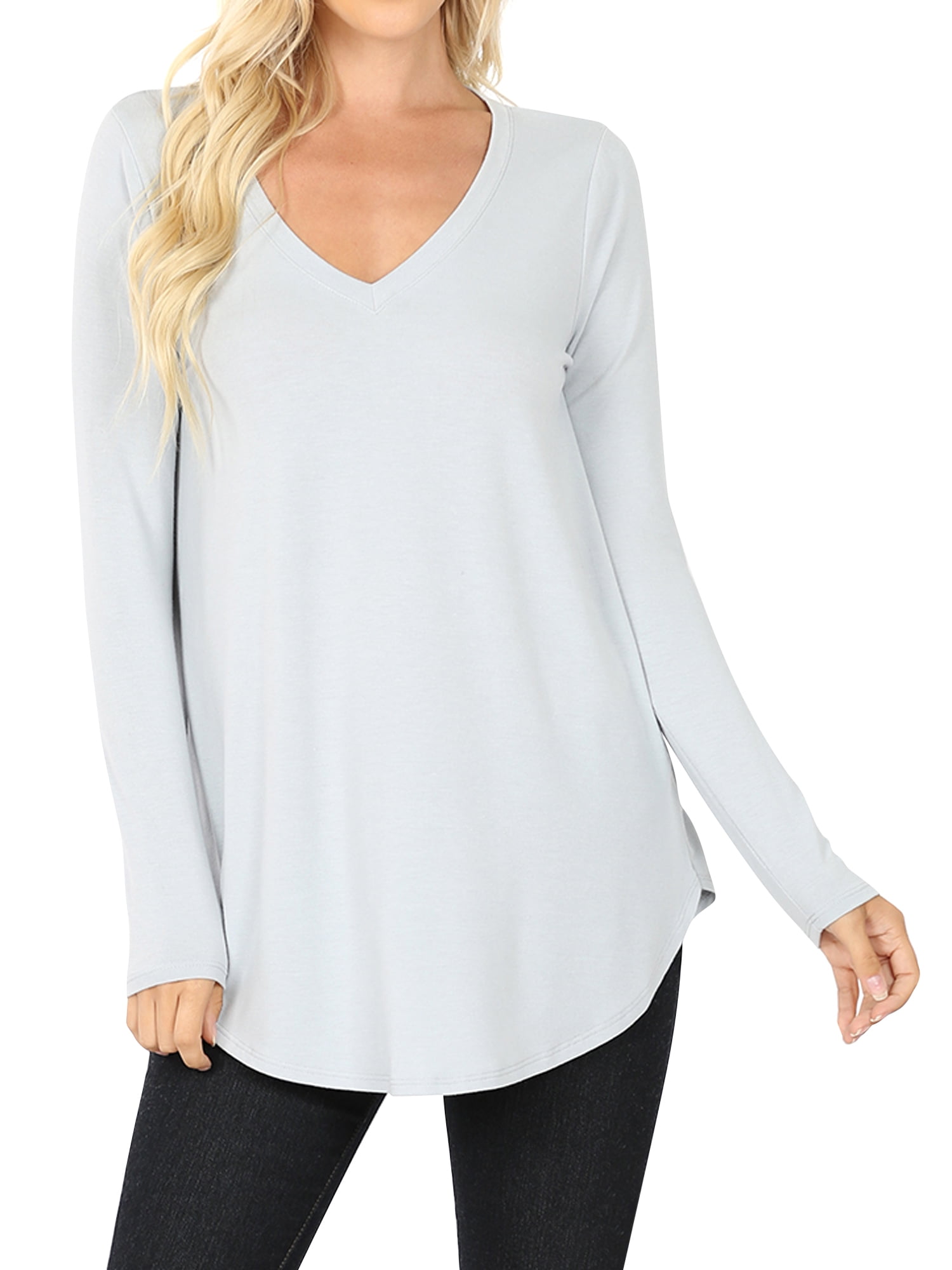Women & Plus(S-3X) Relaxed Fit Long Sleeve V-Neck Round Hem Jersey Tee ...