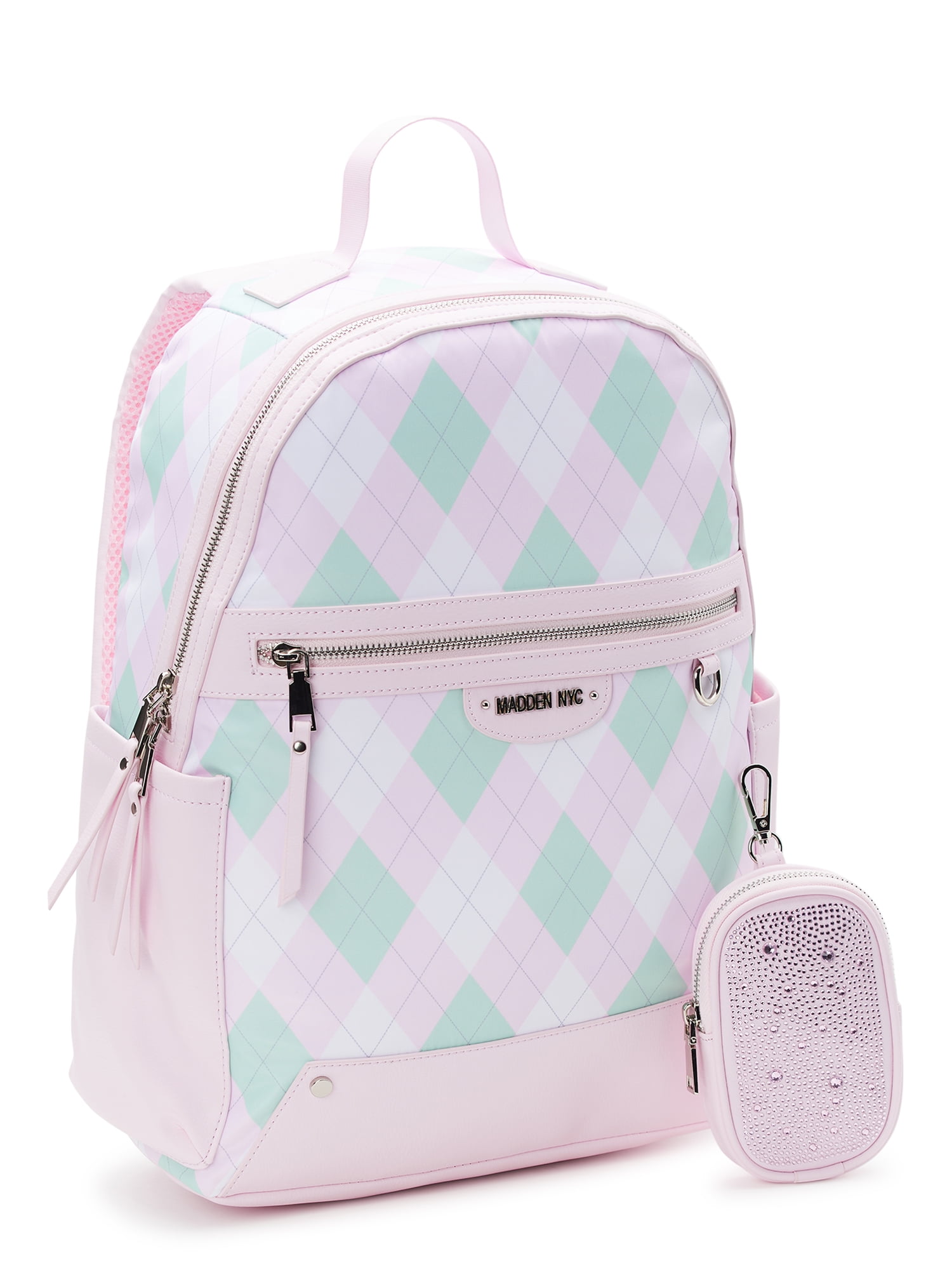 Madden NYC Juniors Dome 17” Laptop Backpack with Pouch, Pink Argyle ...