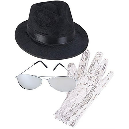 MJ King of Pop Bundle with Fedora Hat Glove and Sunglasses Black/Silver ...