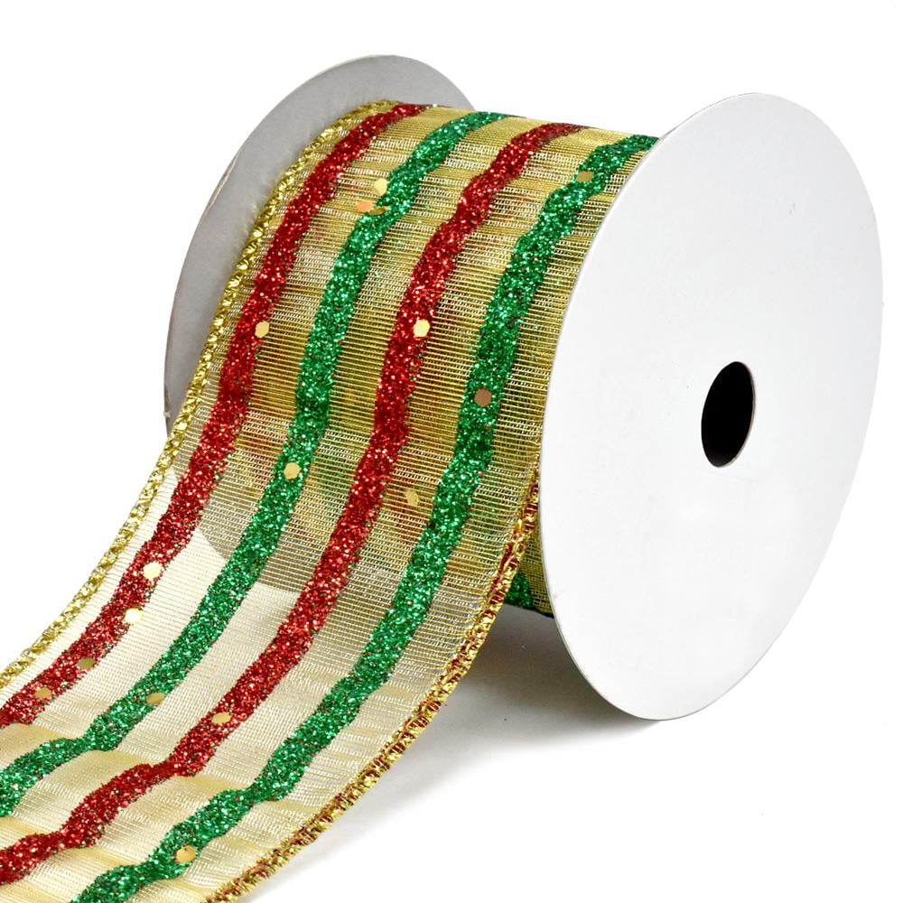 Mesh Festive Multi-Striped Glitter Wired Christmas Ribbon, 2-1/2-Inch ...