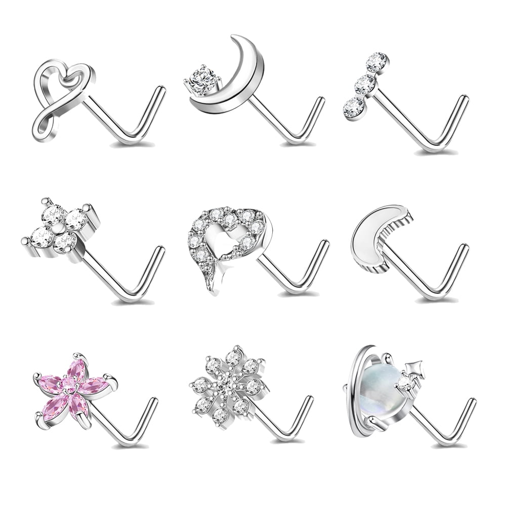 ZS 9Pcs/Set 20g AB White Crystal Nose Ring Piercing Mix Flower Heart ...