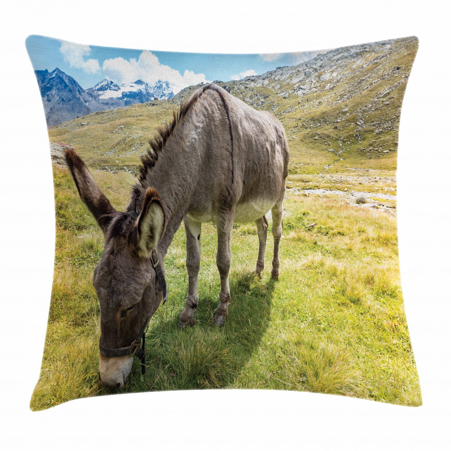 Donkey Throw Pillow Cushion Cover, Cute Donkey Eating Grass in Mountain ...