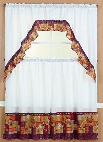 Luxes 3 Piece Printed Kitchen Window Curtain Set Valance With 2 Panels ...