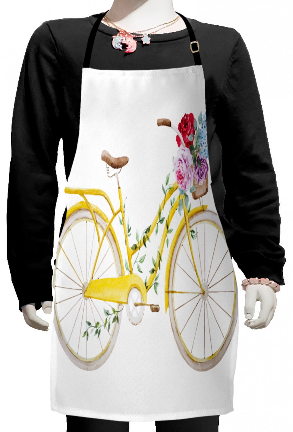Vintage Kids Apron, Watercolor Style Effect Bicycle Leaves and Flowers ...