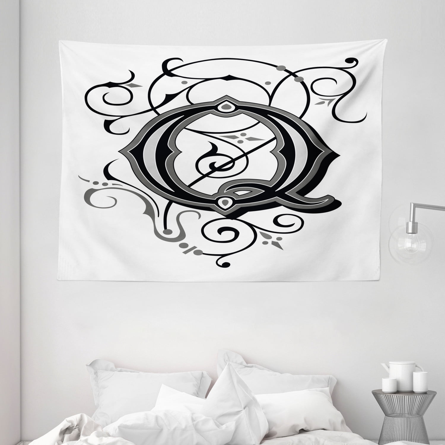 Letter Q Tapestry, Flowers Flourishing Gothic Q Words Writing Artistic ...