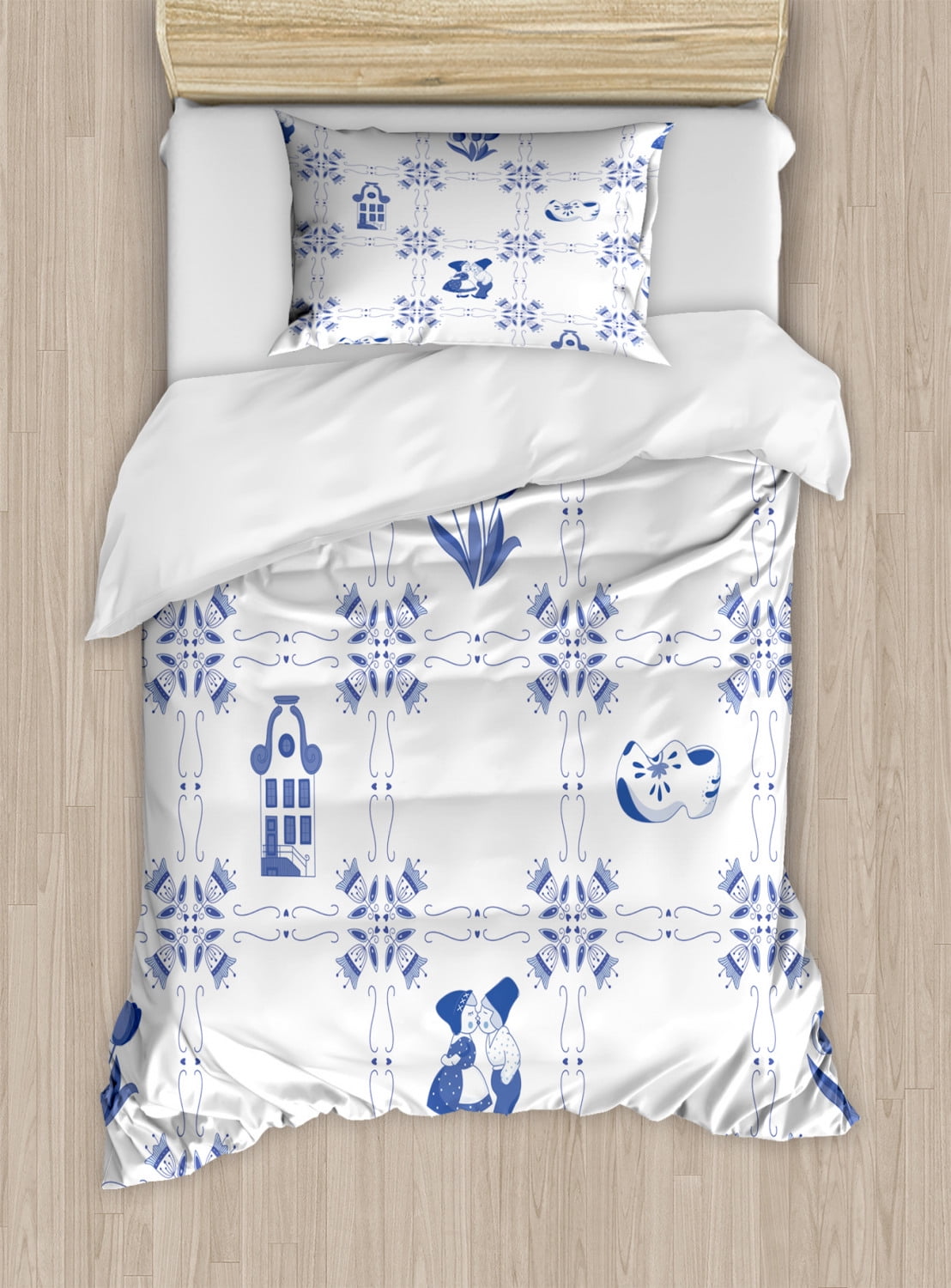 Vintage Blue Twin Size Duvet Cover Set, Symbolic Dutch Culture Icons ...
