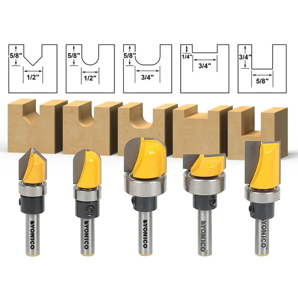 5 Bit Pattern/Template Flush Trim Router Bit Set - 1/4" Shank - Yonico ...