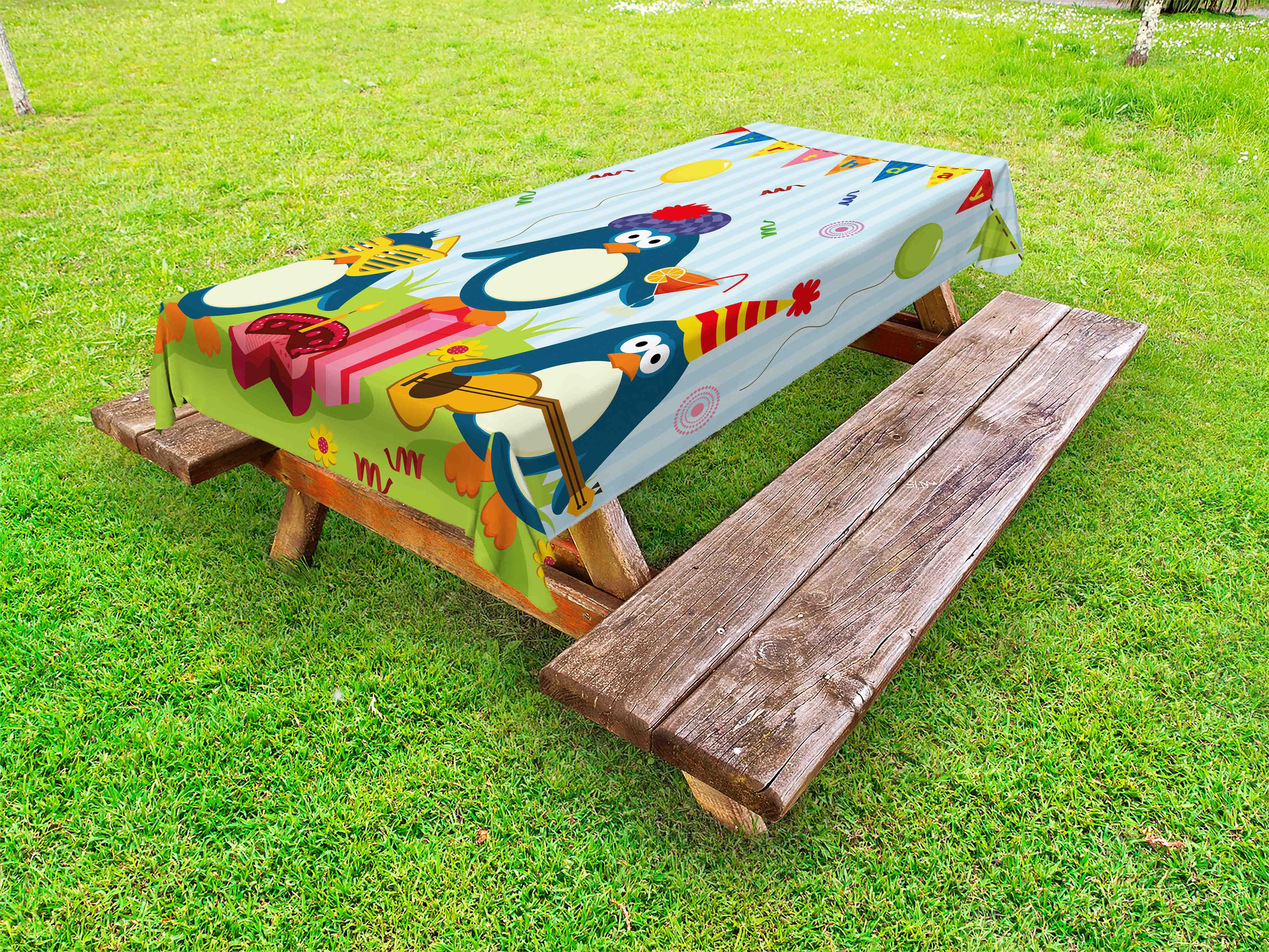 Kids Birthday Outdoor Tablecloth, Cartoon Style Penguin Party with ...