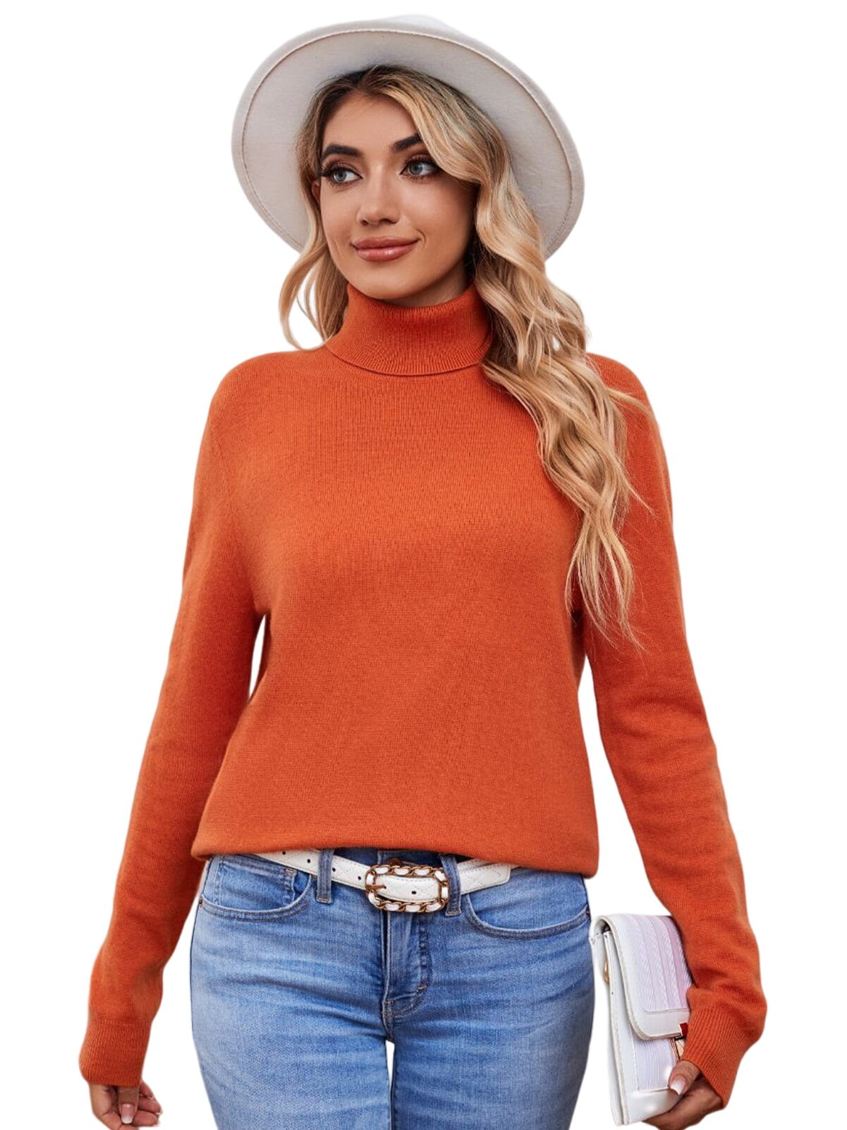 COMOSOFFER Orange Turtleneck Lightweight Sweaters for Women 30% Soft ...