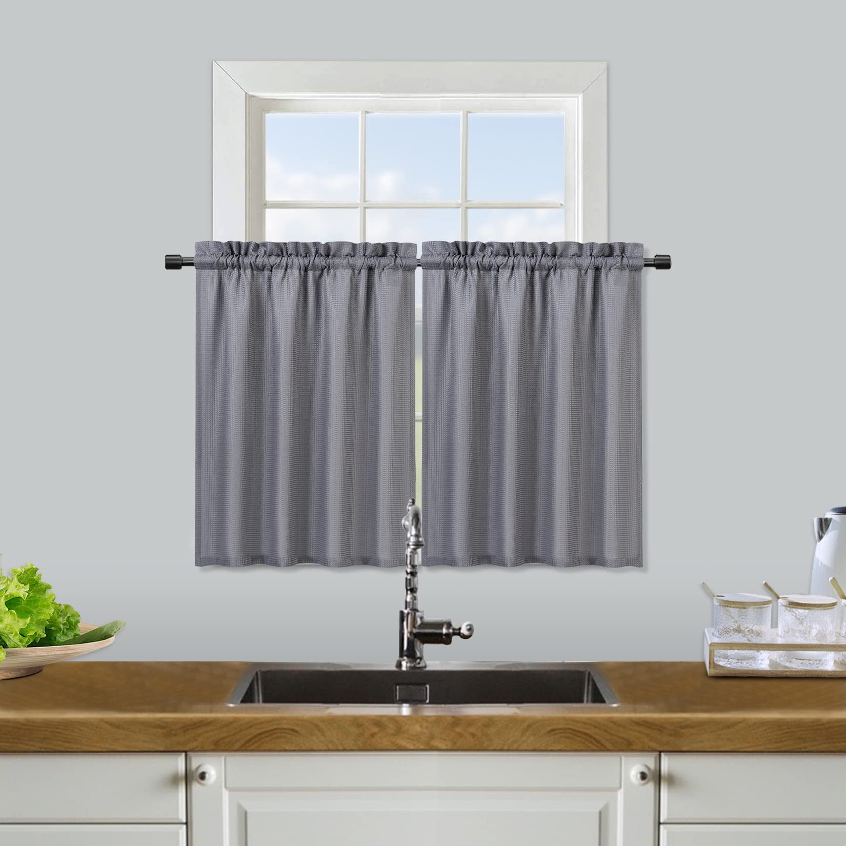 HOMERRY Grey Tier Curtains,Waffle Woven Textured Window Curtain for ...