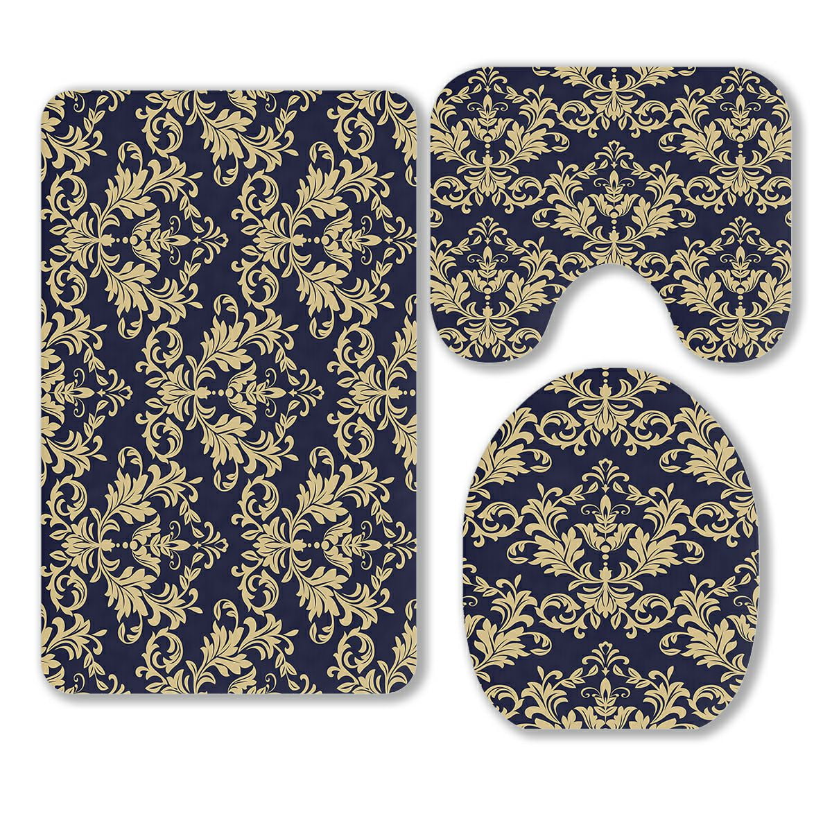 ABPHQTO Floral Baroque Damask Gold Black Blue Ornament 3 Piece Bathroom ...