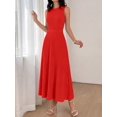 Brick Red Sleeveless Midi Dress Crewneck Ribbed Knit Pleated A-Line ...