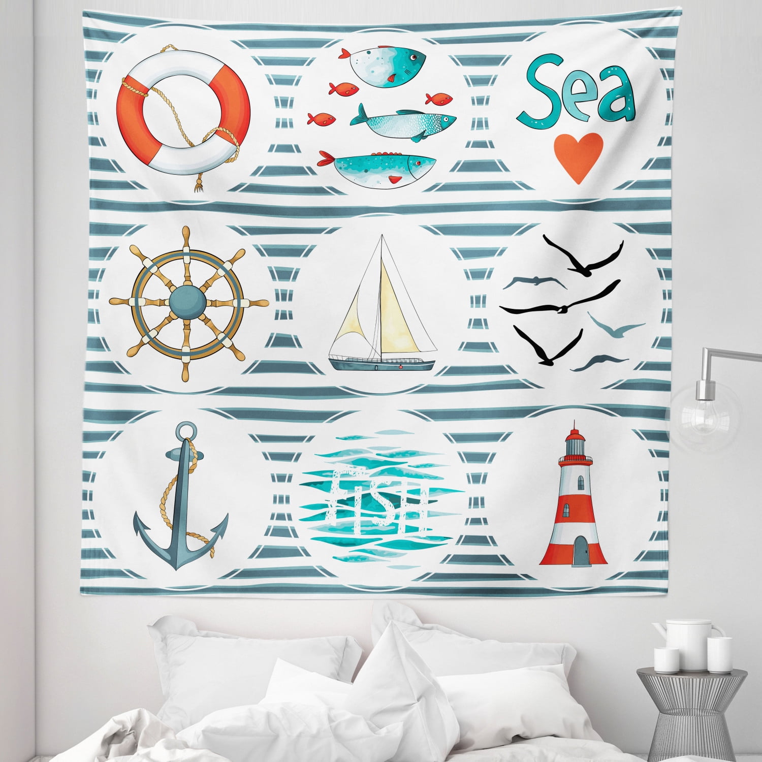Nautical Tapestry, Sea Set Fishes Life Gulls Lighthouse Marine Inspired ...