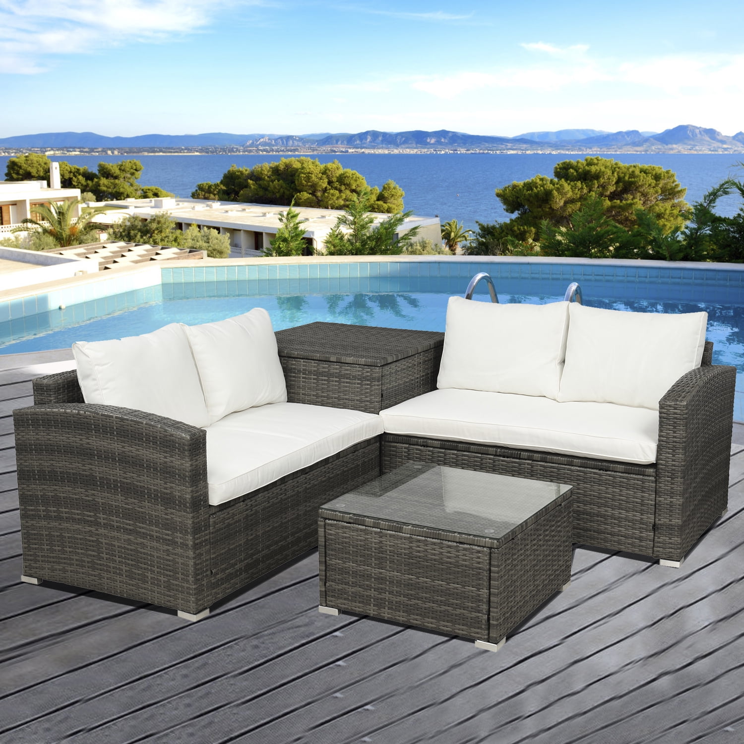 Outdoor Patio Furniture Sets, 4 Piece Ratten Wicker Sectional Sofa Set ...