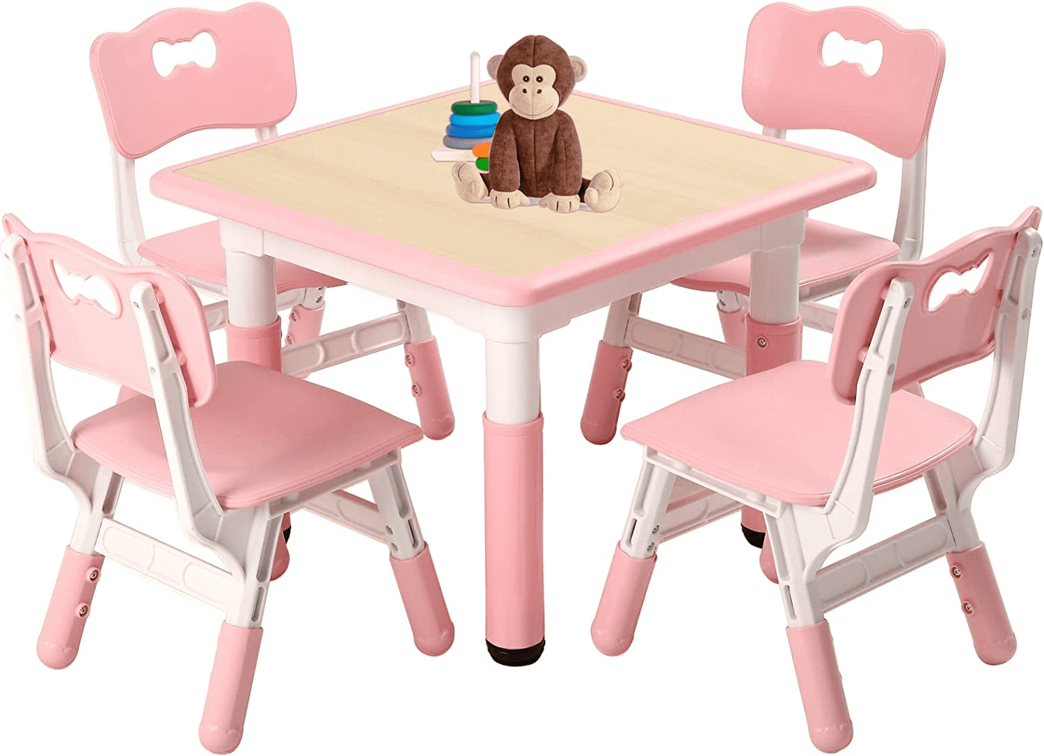 Brelley Kids Table and 4 Chairs Set, Height Adjustable, Pink Wood ...
