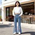 CUZIBR Girls Denim Flared Pants Slim Fit Solid Color Bow Embroidery ...