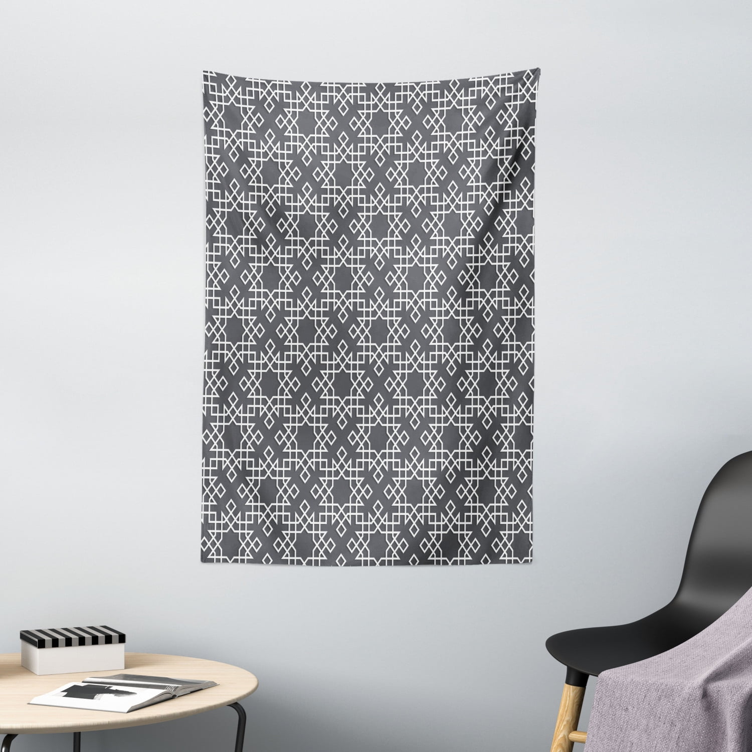 Grey and White Tapestry, Moroccan Star Pattern Arabesque Traditional ...