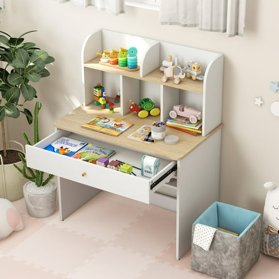 Costway Kids Wooden Study Desk Children Writing Table with Hutch ...