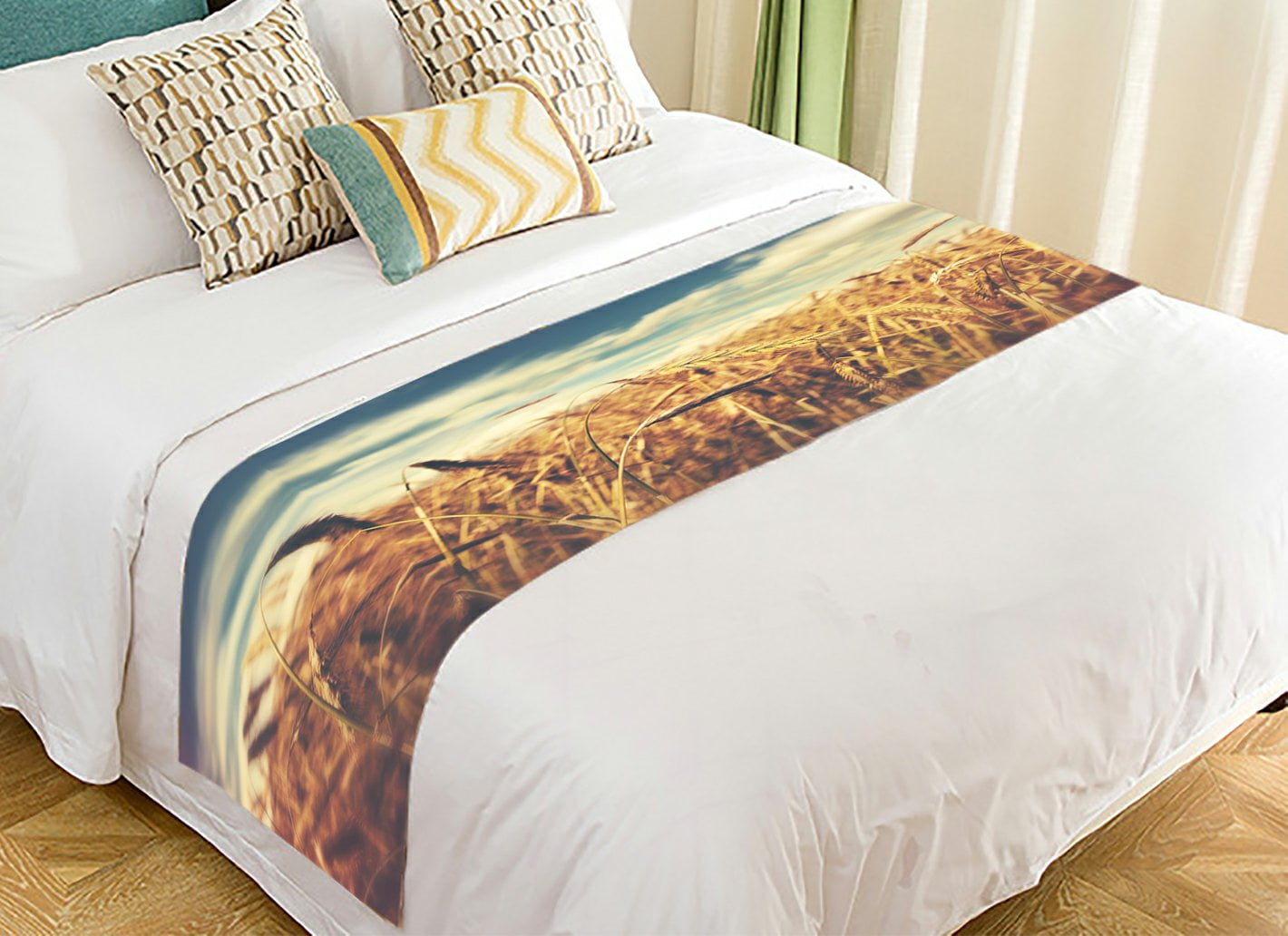 GCKG Blue Sky Bed Runner, Happy Thanksgiving Harvest Wheat Field Bed ...