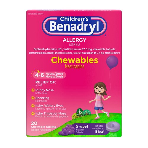 Children?s Benadryl Allergy Chewable Tablets, Grape, 20 Ea, 2 Pack ...