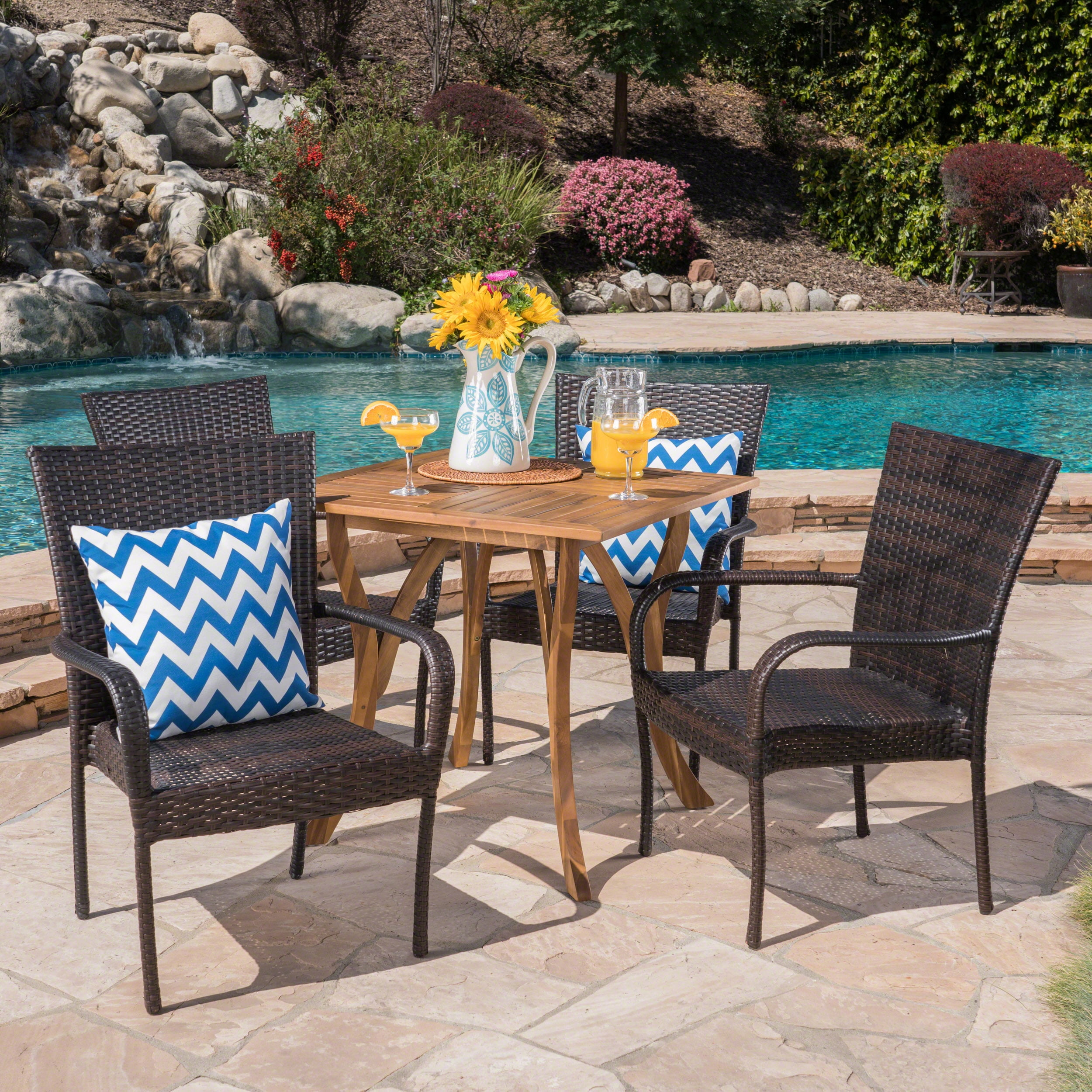 Emerson Outdoor 5 Piece Acacia Wood and Wicker Dining Set, Teak ...