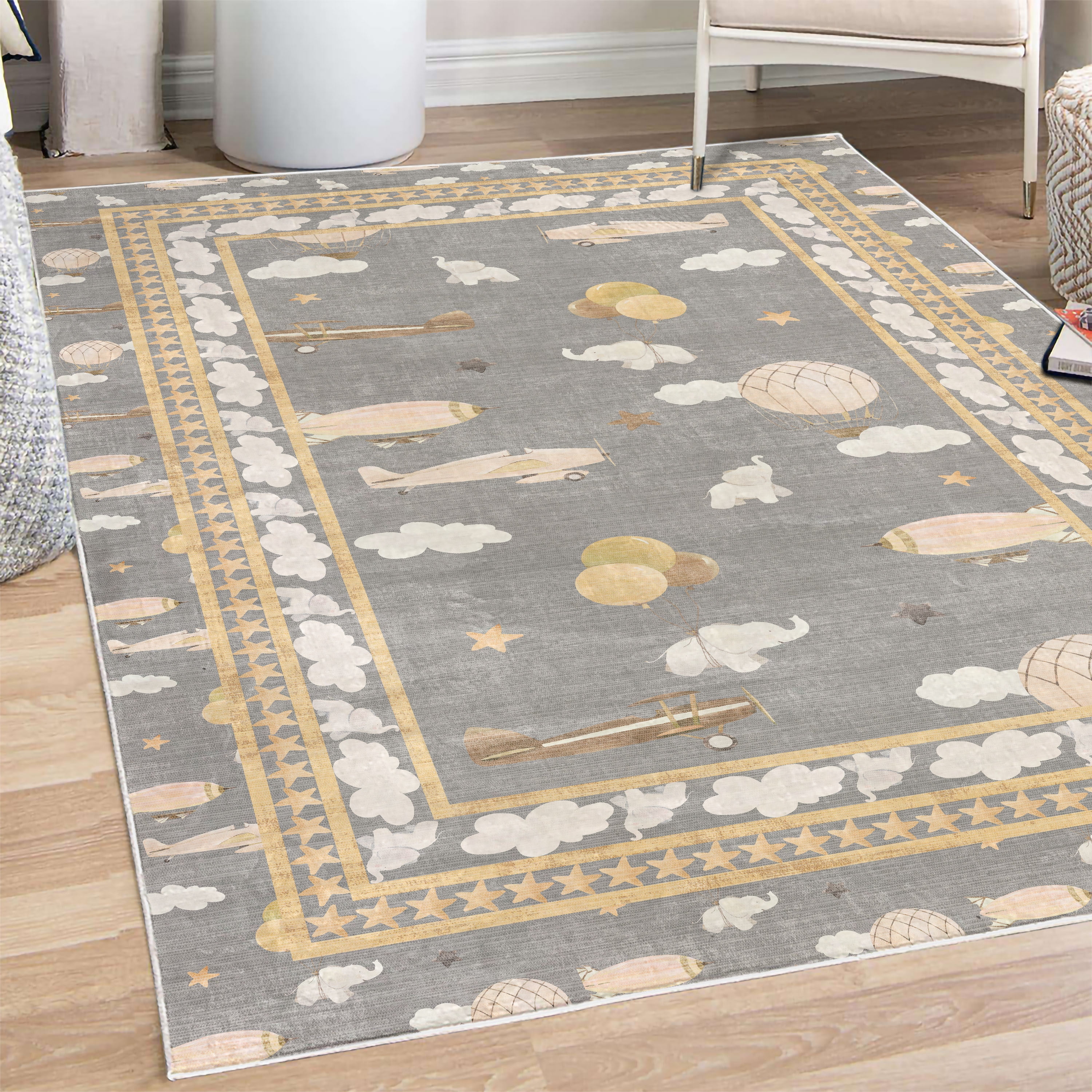 Cartoon Decorative Rug, Vintage Air Planes Hot Air Balloons Flying ...