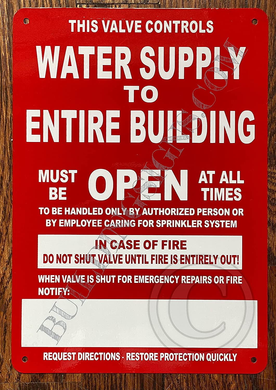 This Valve Control Water Supply to Entire Building Sign (RED, Aluminium ...