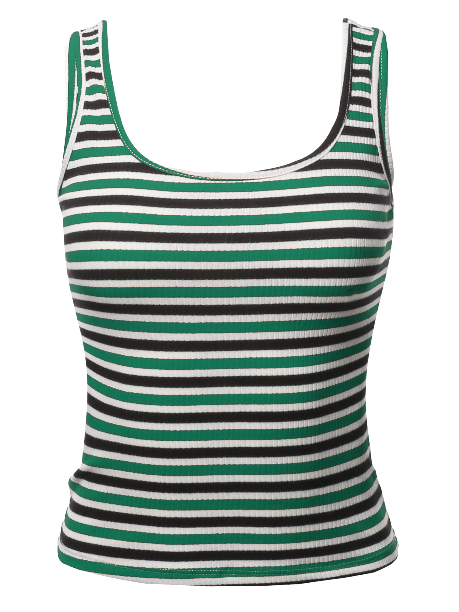 A2y Womens Basic Stripe Double Scoop Neck Rib Cropped Tank Top Green