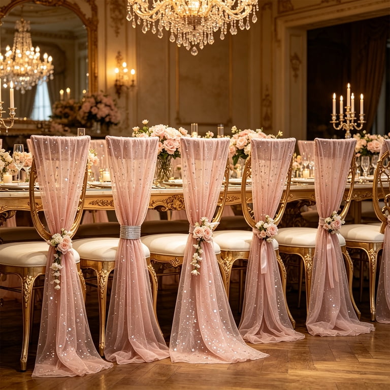 Chair Back Sash in Gradient Voile, Sheer Chair Drape with Sequin Detail ...