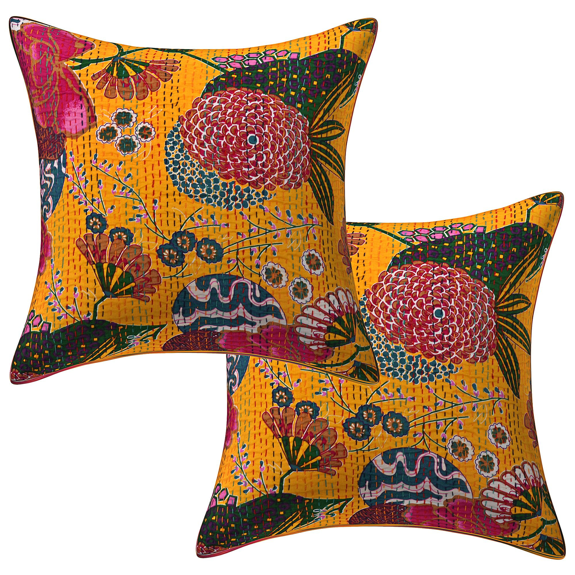 Stylo Culture Ethnic Sofa Throw Pillow Covers 16x16 Kantha Mango Yellow ...