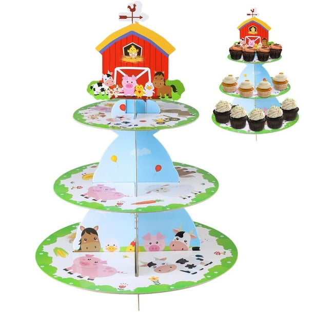 Farm Animal Party Cupcake Stand, 3-Tier Cardboard Cake Holder, Farm ...