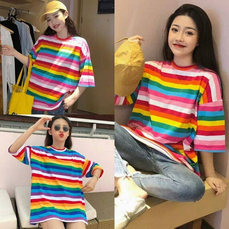 T Shirt Women Rainbow Striped Tops Harajuku Summer Short Sleeve Korean Punk T Shirt Camiseta Feminina