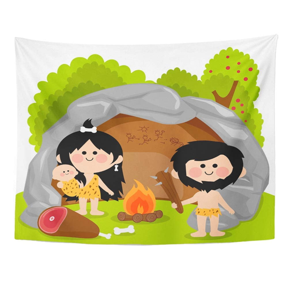 ZEALGNED Caveman Cavemen Family in Stone Cave Fire Man Age Cooking Wood ...