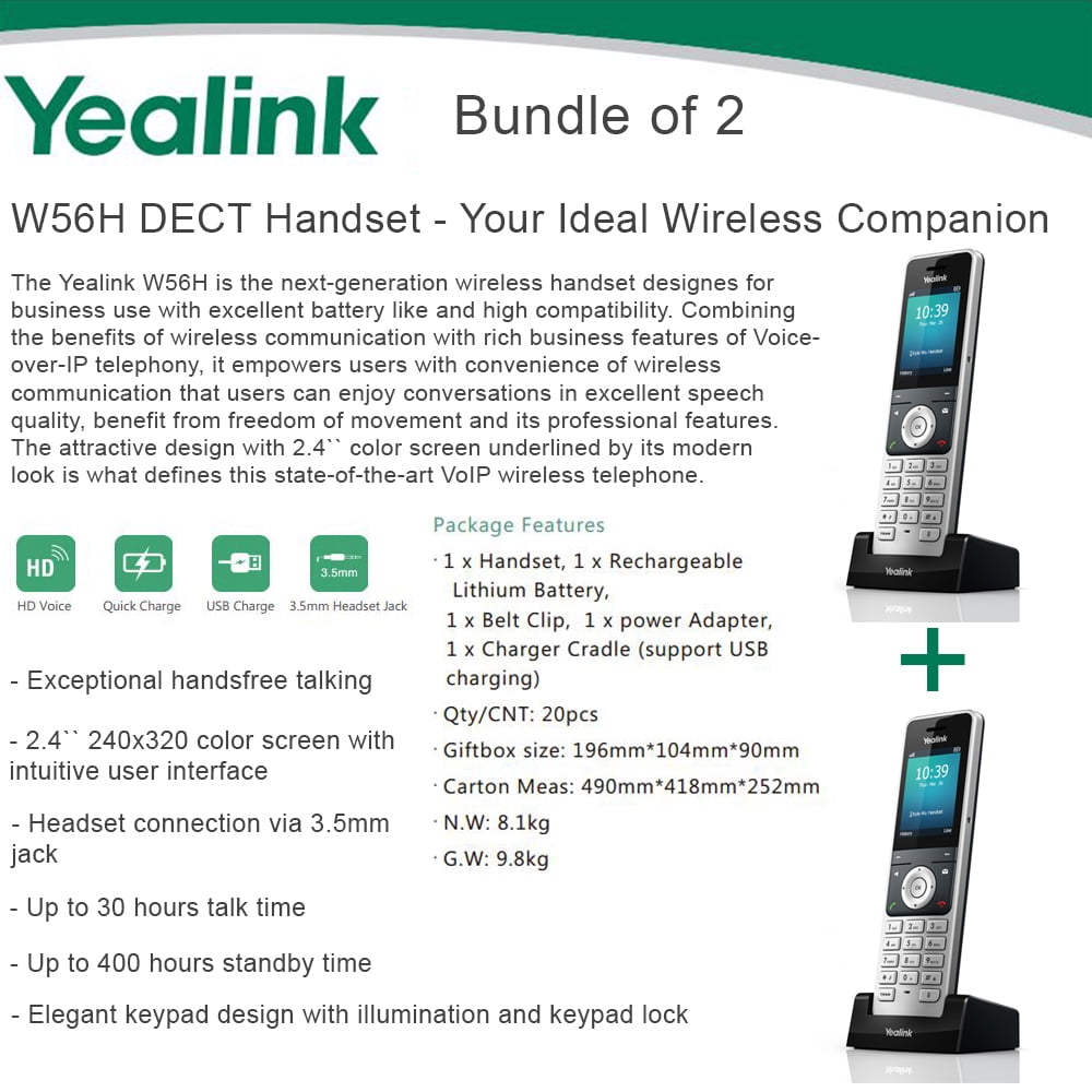 Yealink W56H Bundle of 2 IP DECT VoIP Phone Handset, HD Voice, Quick ...