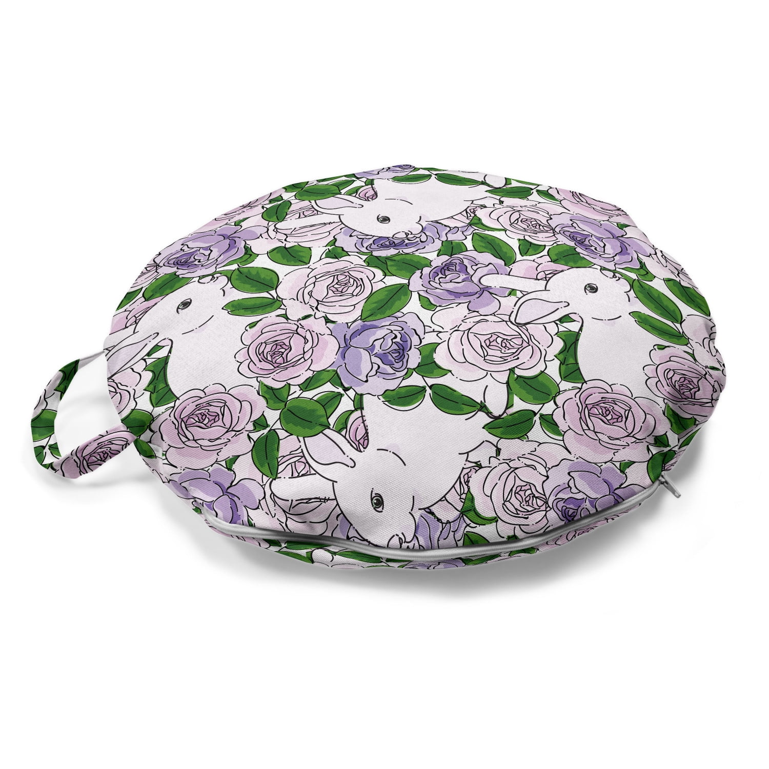 Natural Round Floor Cushion with Handle, Botanic Theme Rabbits Pattern ...