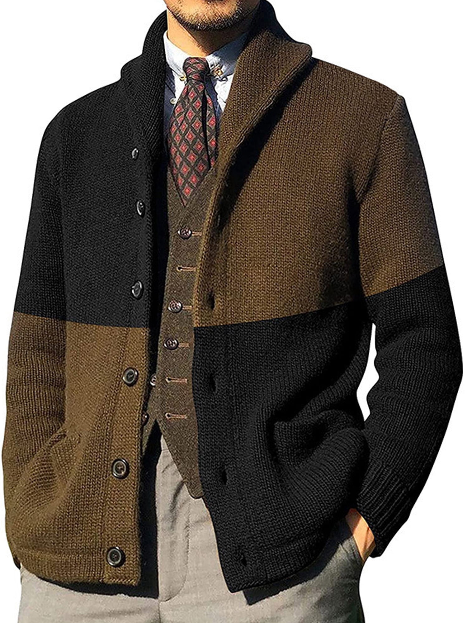 Grianlook Men Knitted Buttons Cardigan Sweater Color Block With Pockets ...