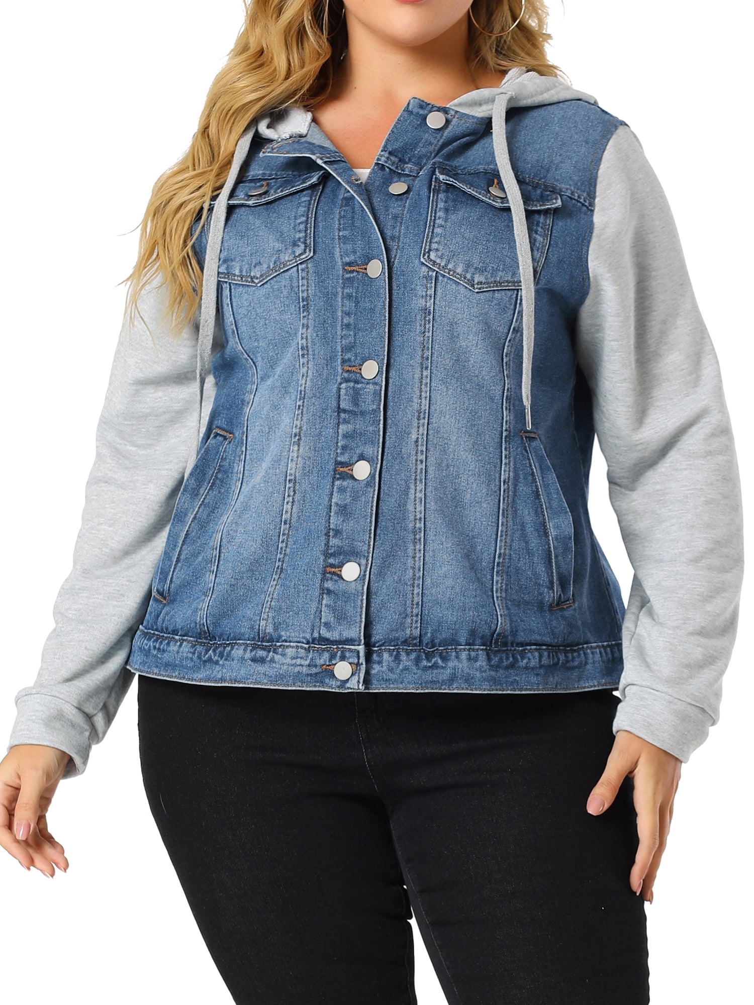 Unique Bargains Women's Plus Size Jean Drawstring Hood Denim Jacket ...