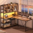 L-Shaped Computer Desk with Bookshelf, Storage Shelves, and LED Light ...