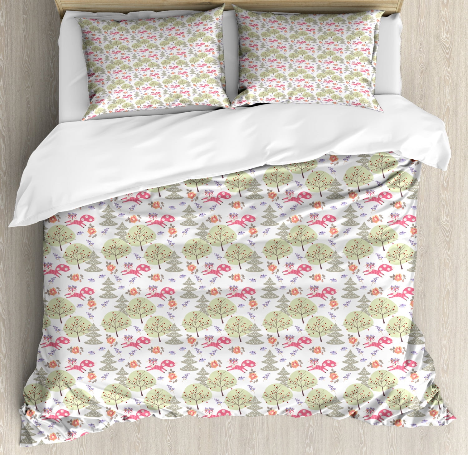 Pastel Duvet Cover Set Queen Size, Soft Colorful Pattern with Foxes ...