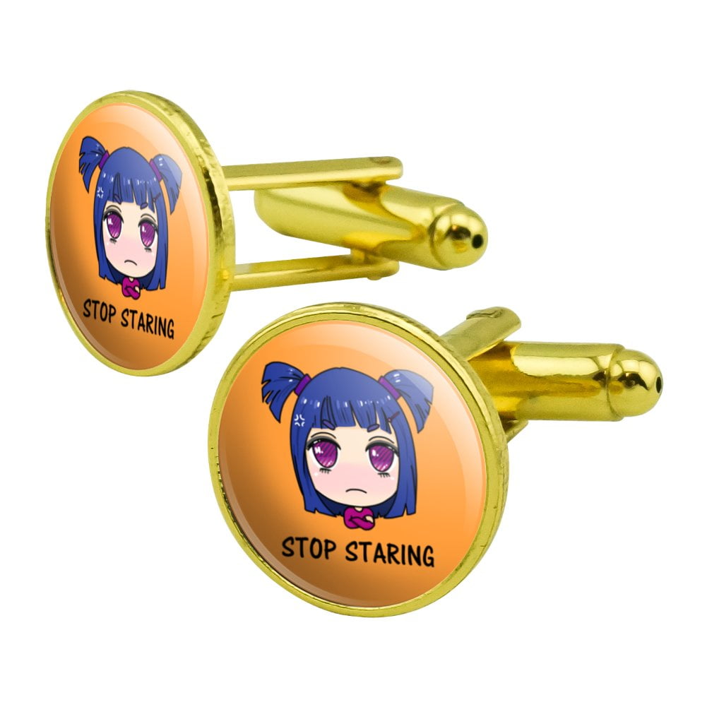 Stop Staring Kawaii Chibi Girl Pigtails Round Cufflink Set Gold Color ...