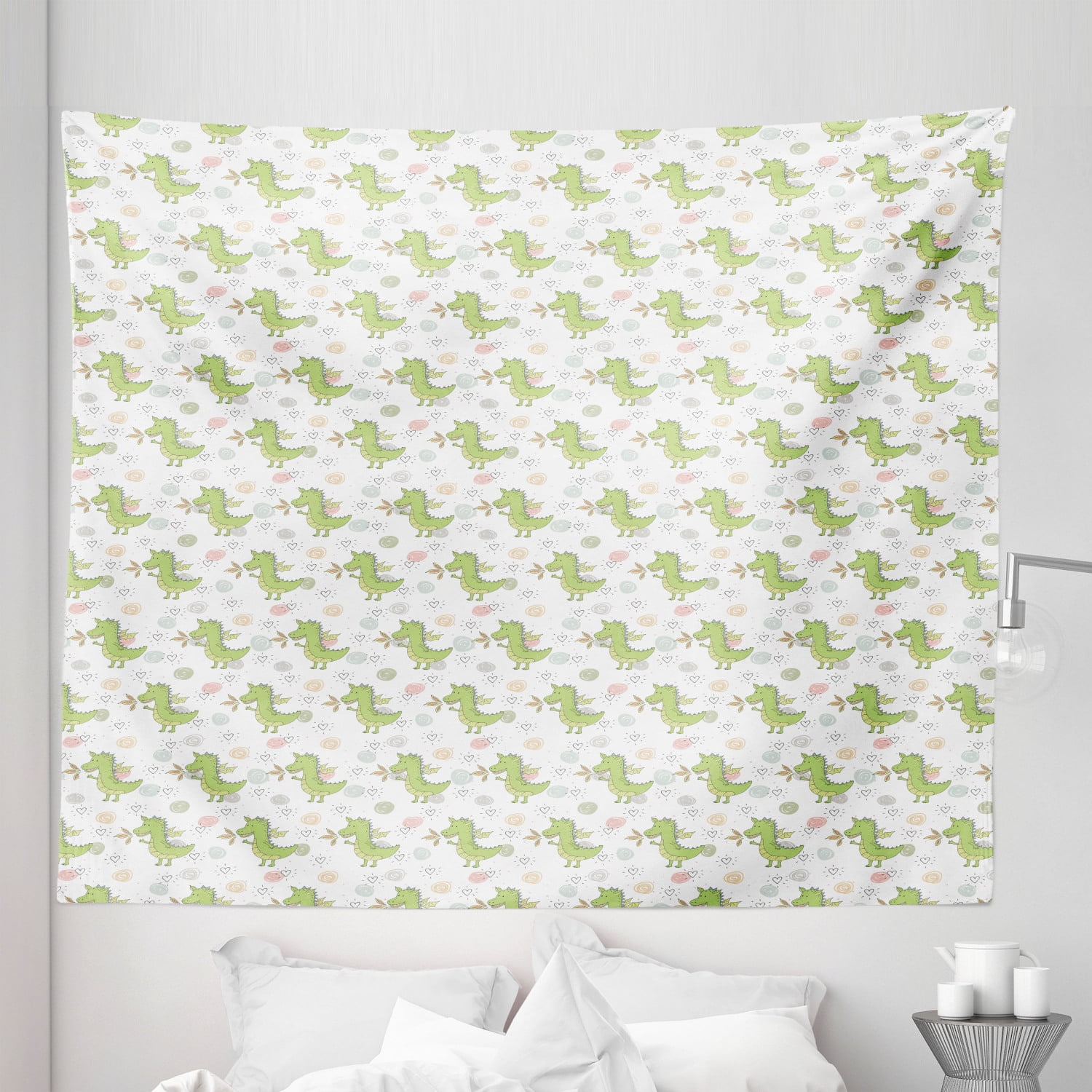 Dragon Tapestry, Funny Dragons Waving Hello Doodle Image with Scribbled ...