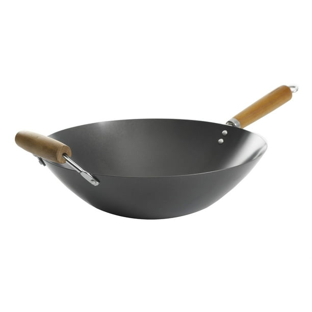 Wok de acero al carbono de fondo plano, 14 pulgadas, color negro ...