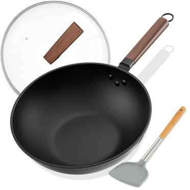TrueCraftware- 14" Non-Stick Carbon Steel Wok Pan with 7-1/4" Wood ...