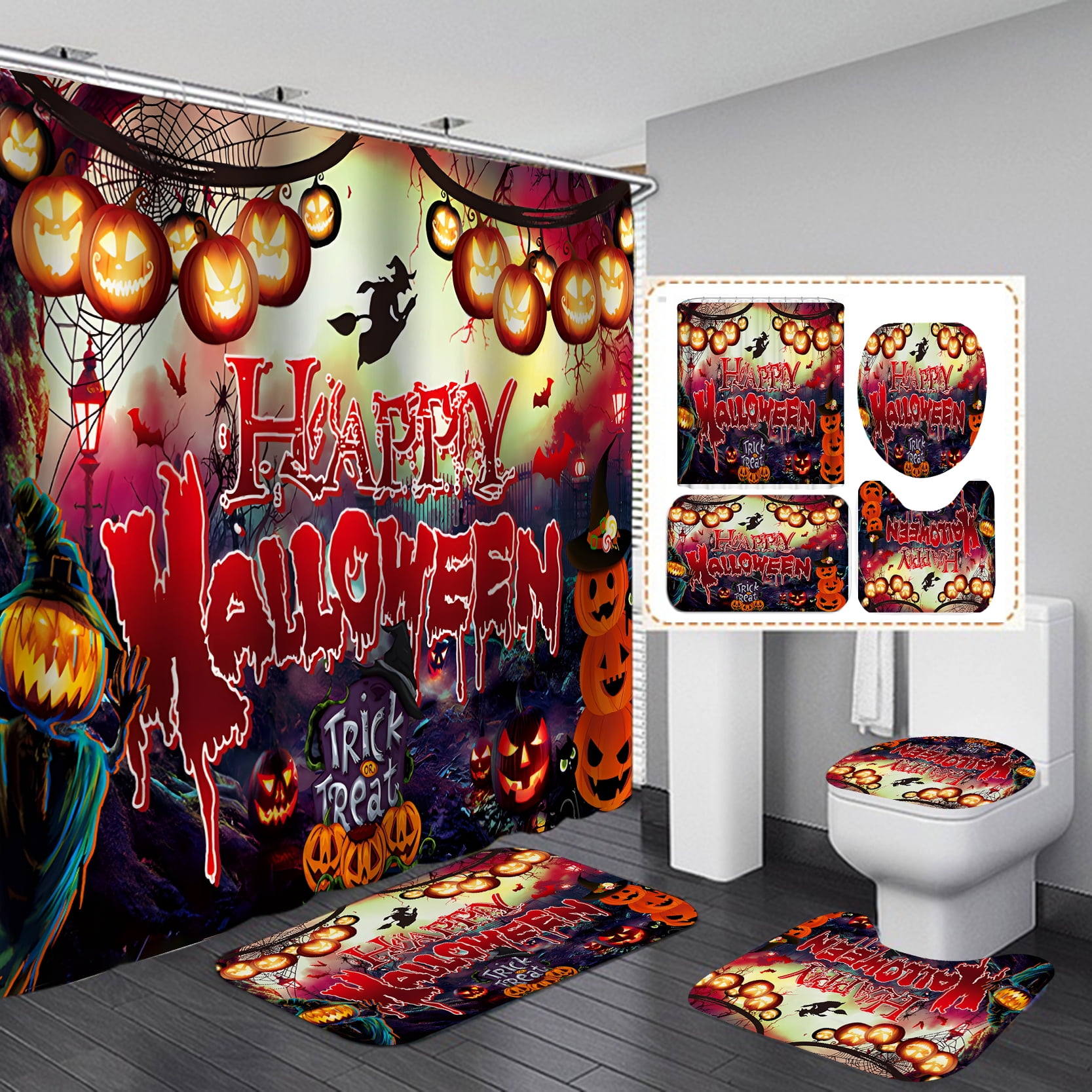 Halloween Bathroom Four Piece Set With Shower Curtain Bathroom Mat U