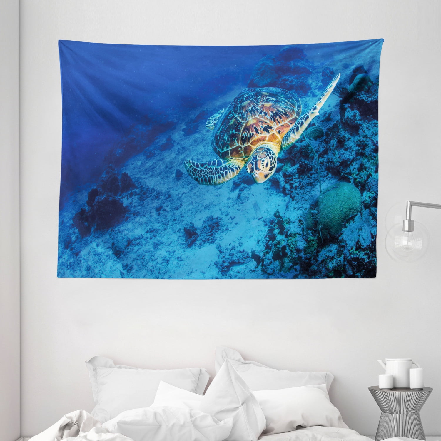 Turtle Tapestry, Oceanic Wildlife Themed Photo of Sea Turtle in Deep ...