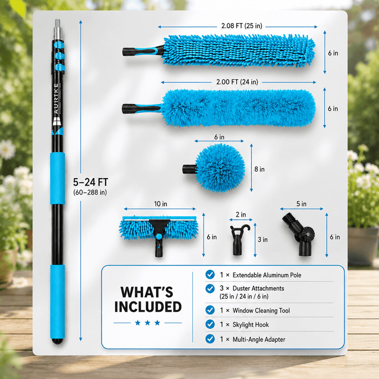 24FT Extendable Duster Kit with Heavy Duty Pole, Cobweb Duster, Fan ...